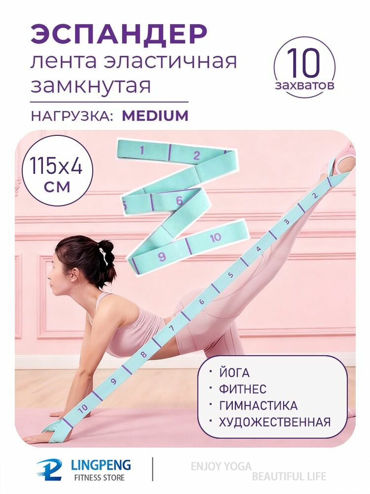 Резинка для растяжки с петлями, 10 захватов. Резинка для фитнеса. Эспандер ленточный гимнастический, для танцев. Размер 115х4 см.