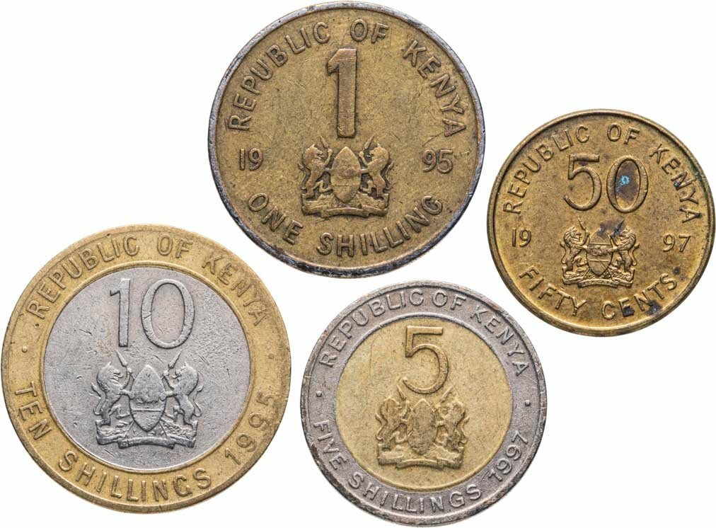 Кения набор монет 1994-1998 2-й президент Кении - Дэниэл Торойтич арап Мои 4 штуки, Сталь с латунным покрытием, Биметалл, в сохранности VF-XF