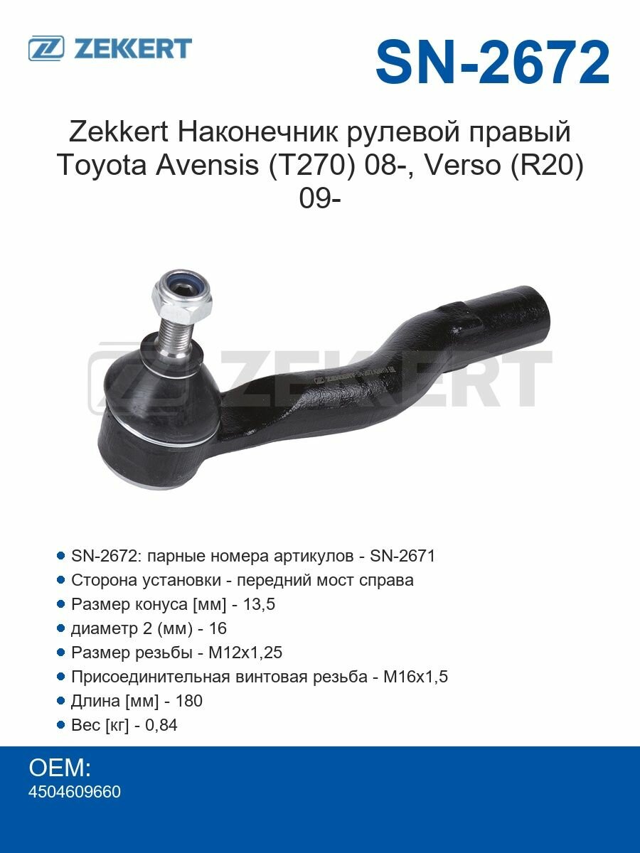 Zekkert Наконечник рулевой правый Toyota Avensis (T270) 08-, Verso (R20) 09-