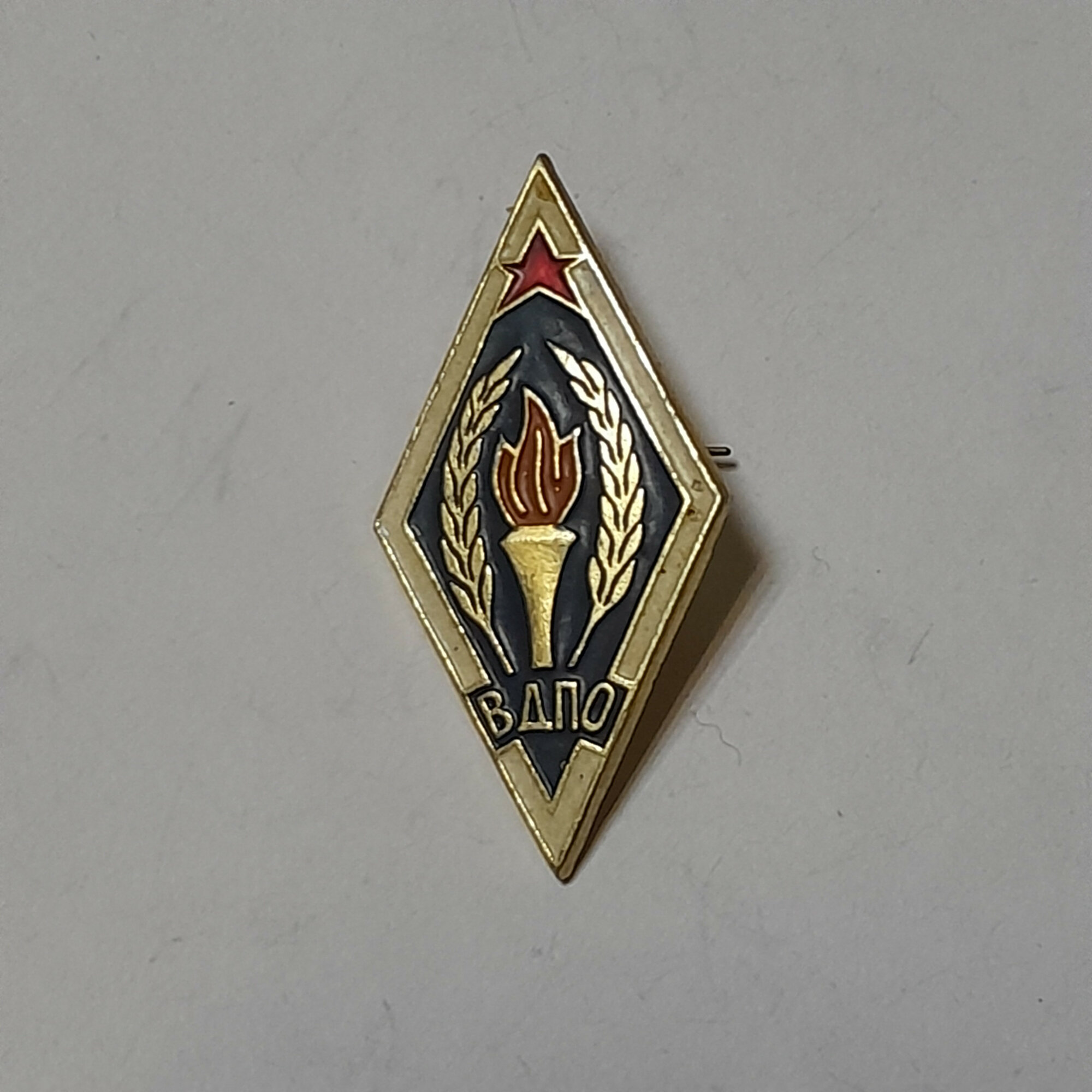 Значок СССР вдпо, факел и лавровые ветви на щите, красная звезда сверху, советский, винтажный.