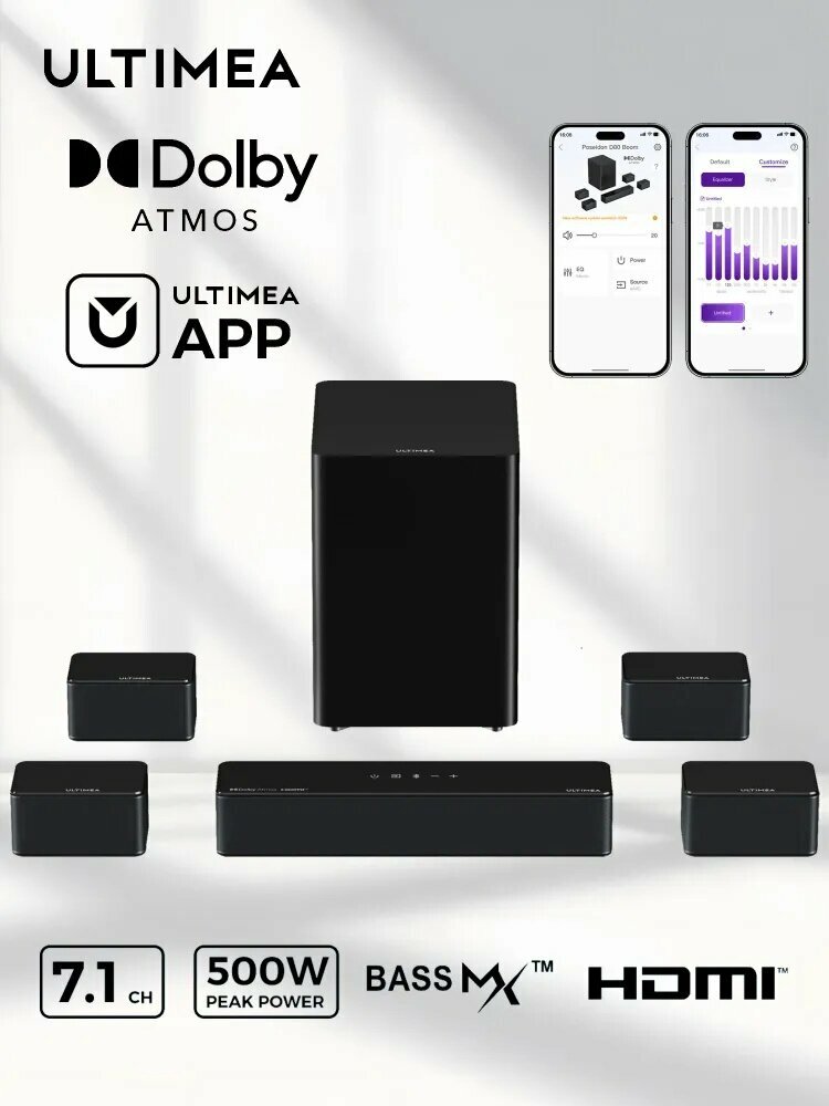 ULTIMEA Саундбар 7.1 Poseidon D80 Boom, 500W, 4 Проводных Динамика, Управление через Приложение, Звуковая Система для Кино и Игр (2025)