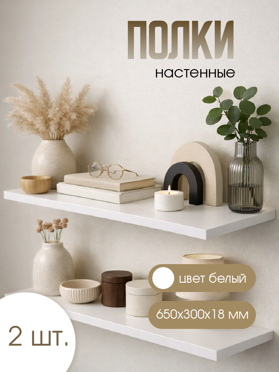 Подвесные полки, 30x65 см, толщина 18мм. Полки в шкаф. скрытое итальянское крепление, белые. 2 шт