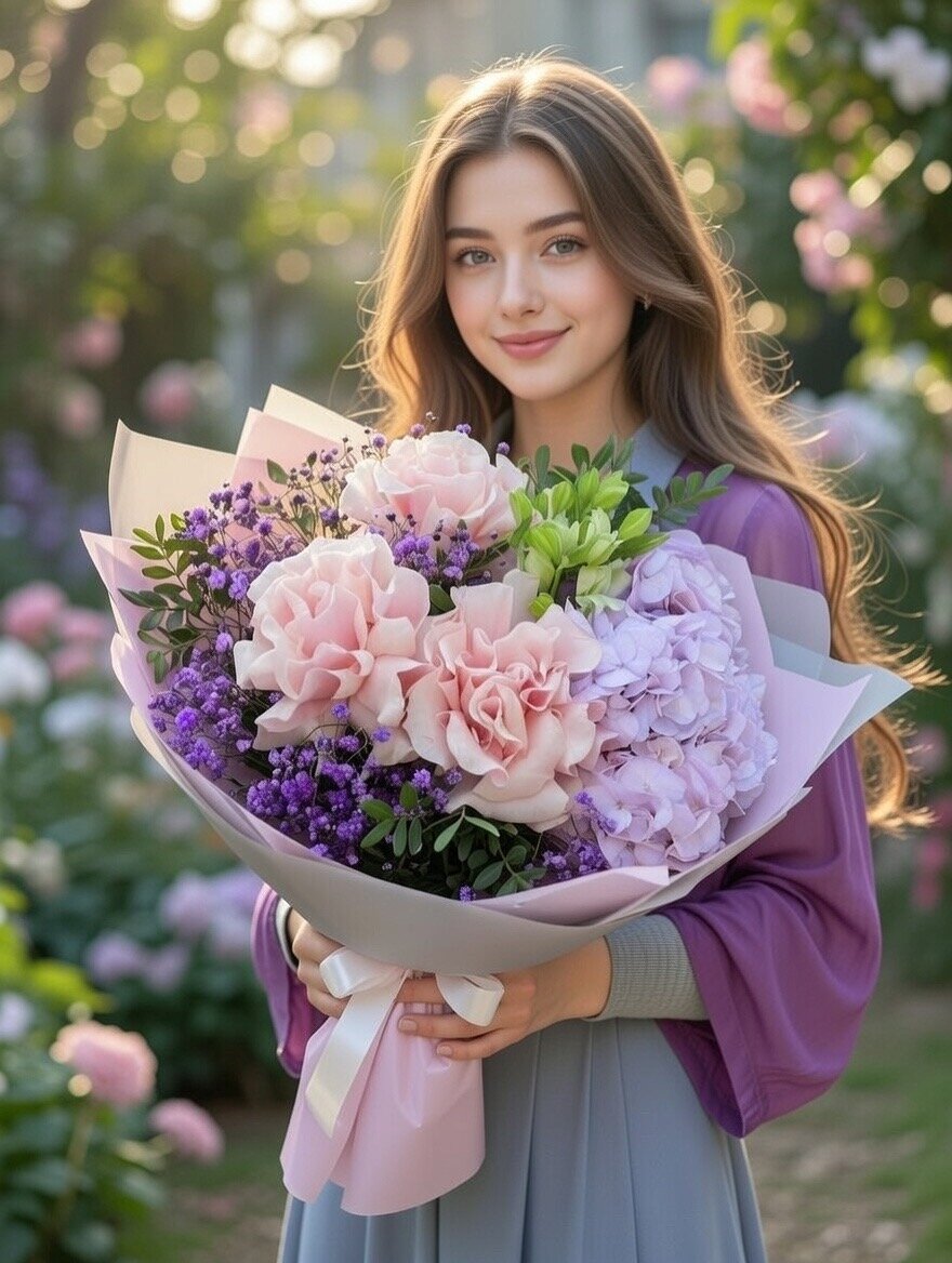 Авторский букет французских роз и гортензии с альстромерией, размер М