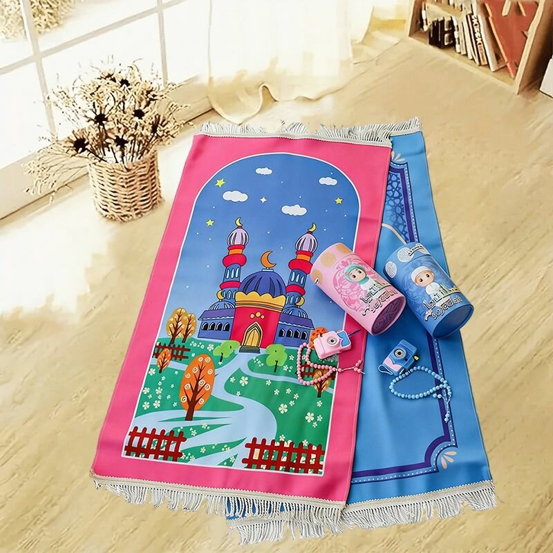 Детский мусульманский коврик для молитвы, подарочный набор,4 в 1,90х50 см