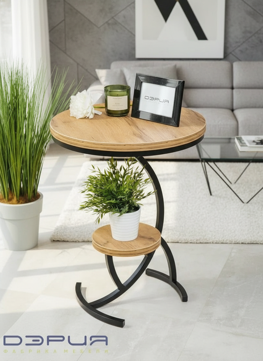 Чайный столик круглый для гостиной, в офис, прихожую, спальню, в гостиницу, отель, с железной черной ножкой