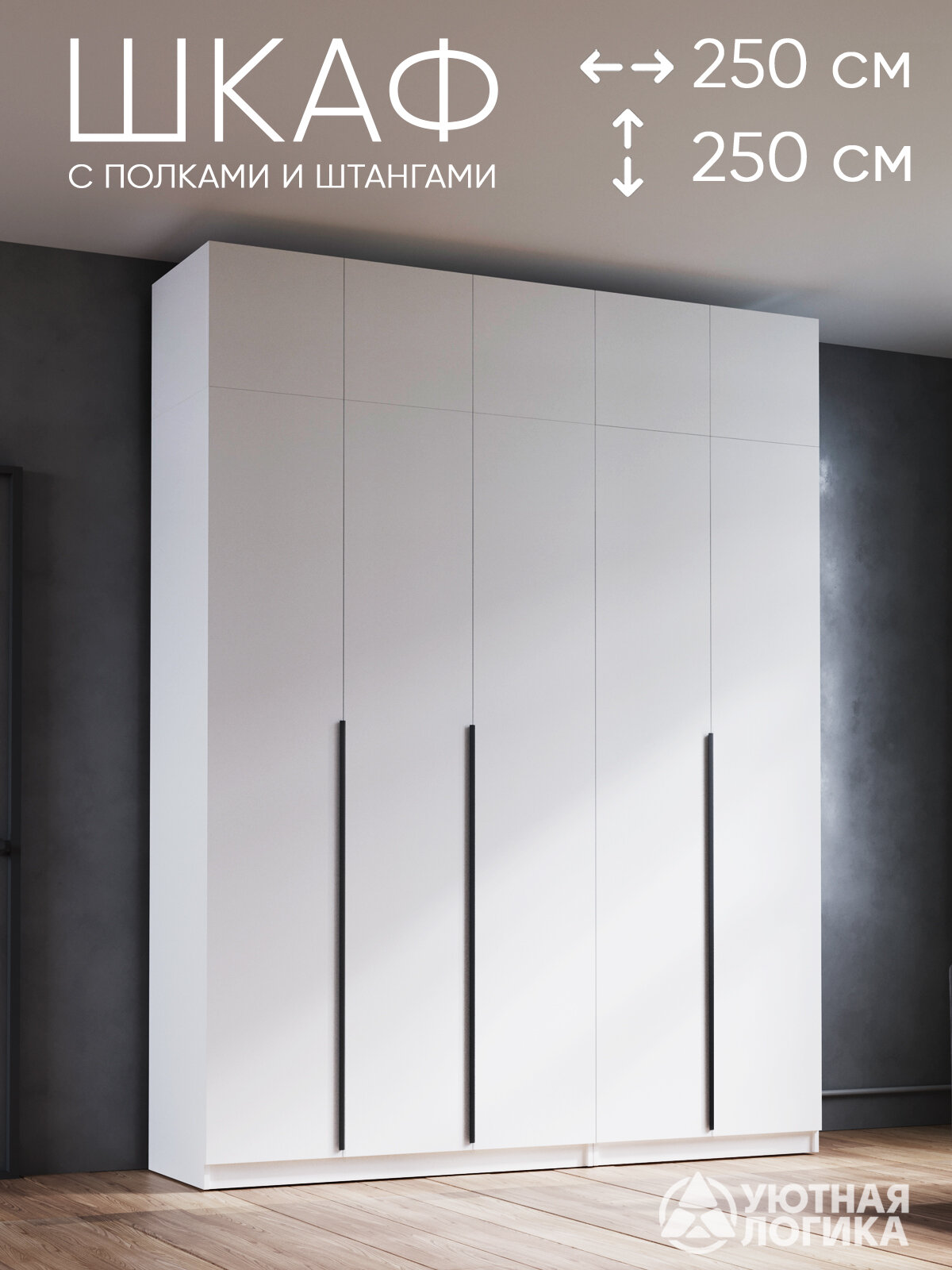 Шкаф для одежды распашной с антресолью и ручками уютная логика 250*250*50 см, Белый, с полками и штангами