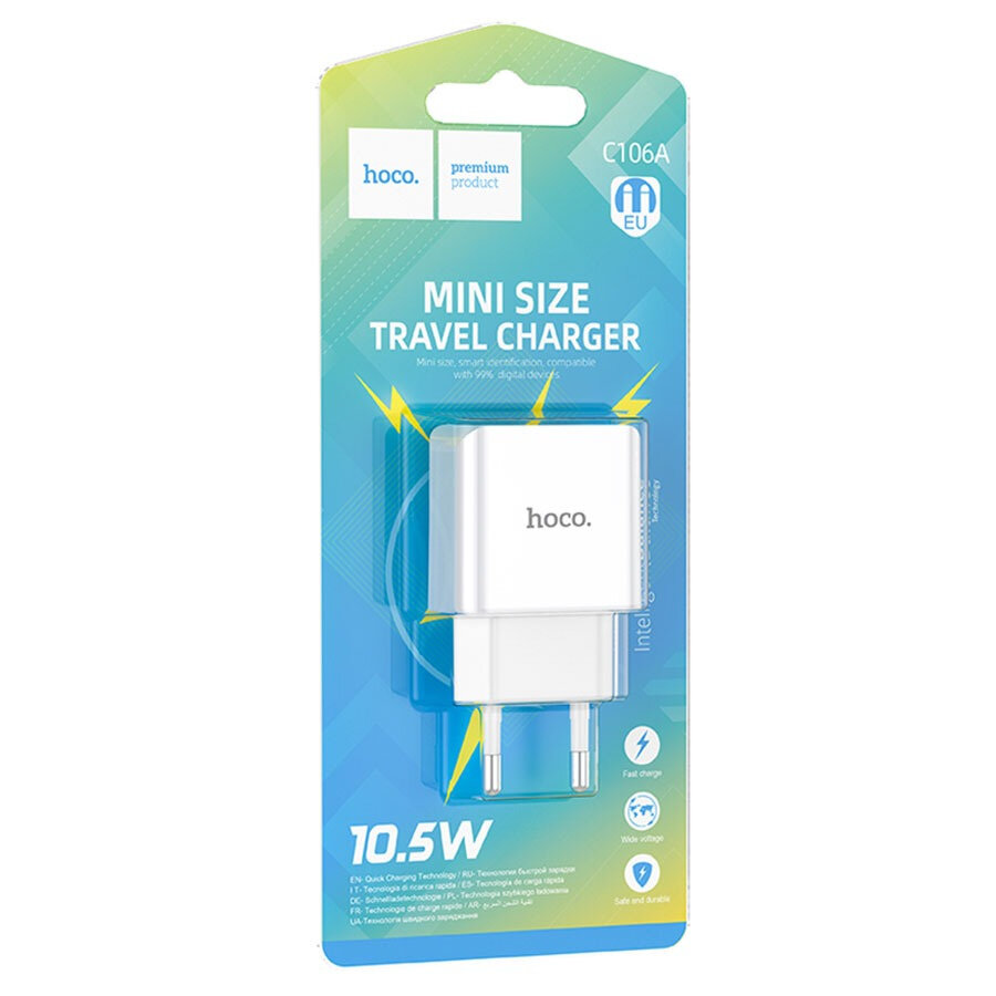 Сетевая зарядка USB Hoco C106A 5V-2.1A, 10.5W, белый