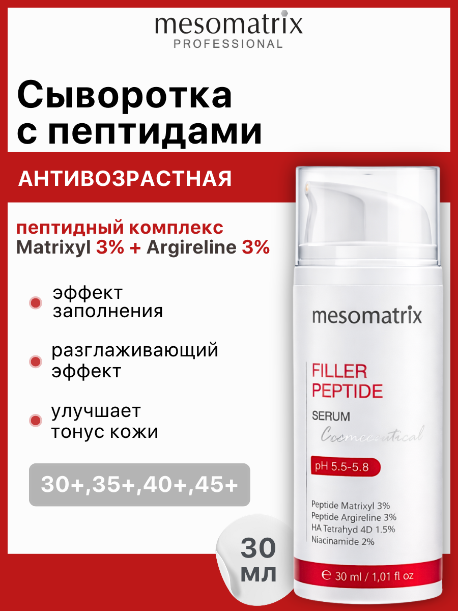 Антивозрастная сыворотка FILLER PEPTIDE, филлер от морщин для лица с пептидами, Mesomatrix, 30 мл