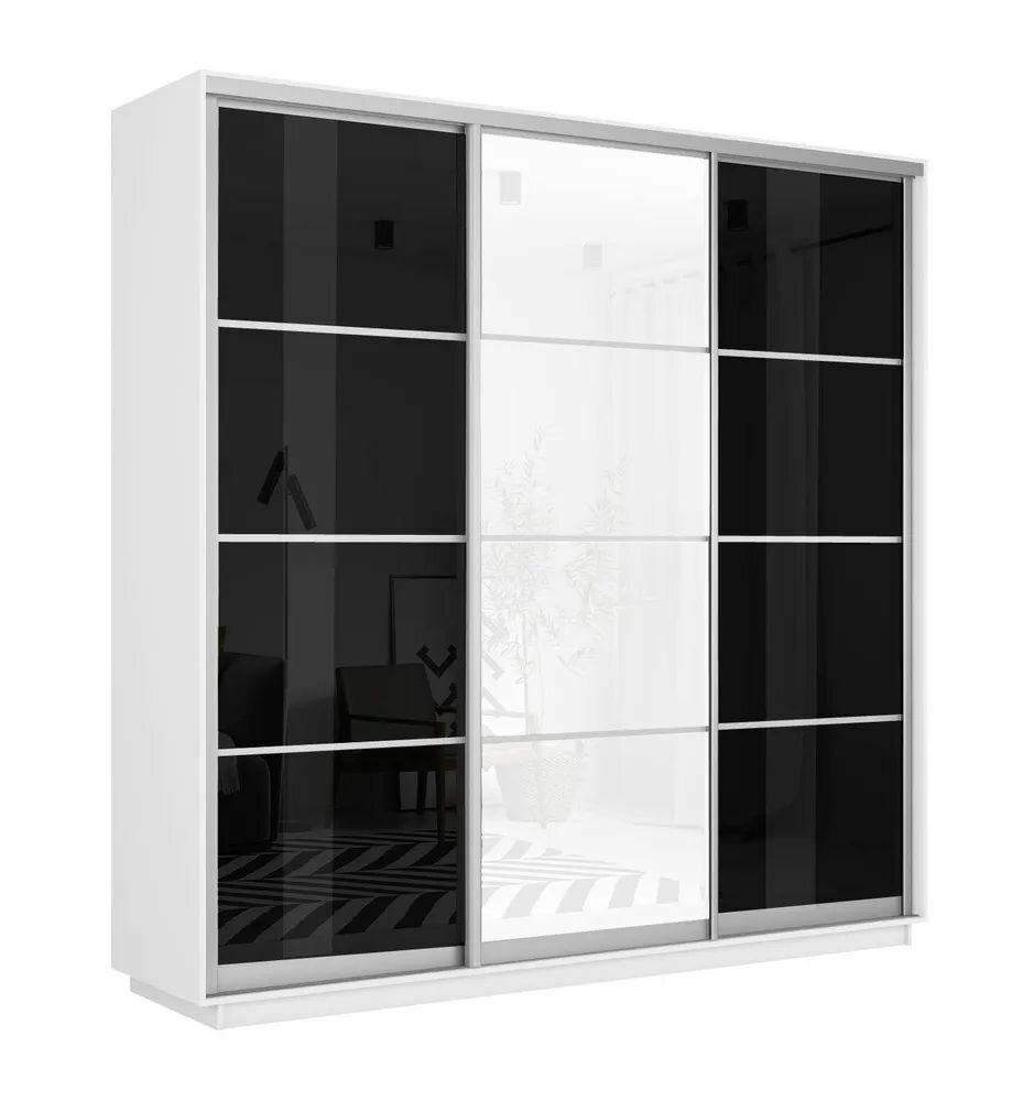 Шкаф-купе Флорида 3дв. (2 Стекла черн./Стекло бел.) профиль серебро, 180х60х220 см. Белый снег