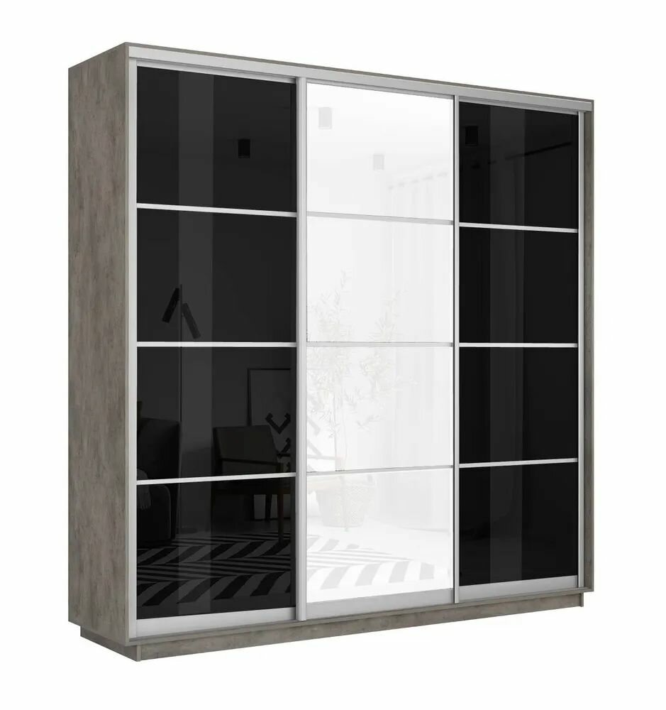 Шкаф-купе Флорида 3дв. (2 Стекла черн./Стекло белое) профиль серебро, 210х60х220 см. Бетон