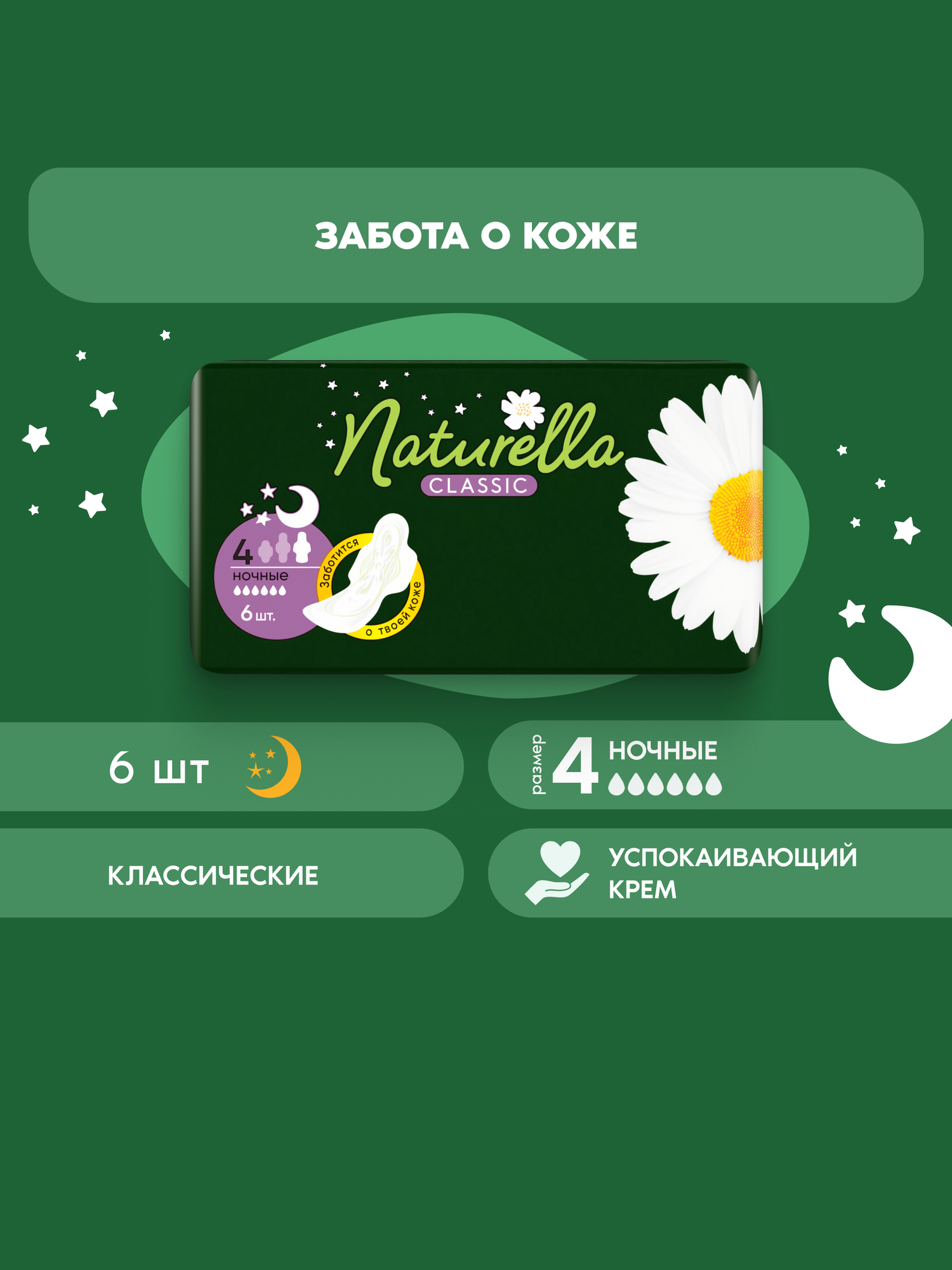 Женские гигиенические ароматизированные прокладки Naturella Classic Night Ромашка Нежная Дополнительная Защита Ночью, 6 шт.