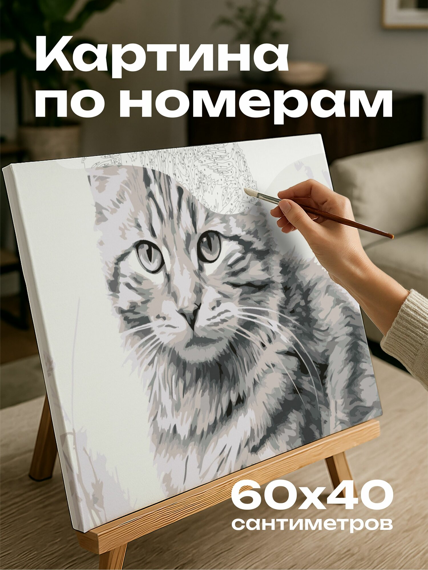 Картина по номерам 60x40 см, графитовый набросок, британская кошка, нежные штрихи, замысловатая текстура мех