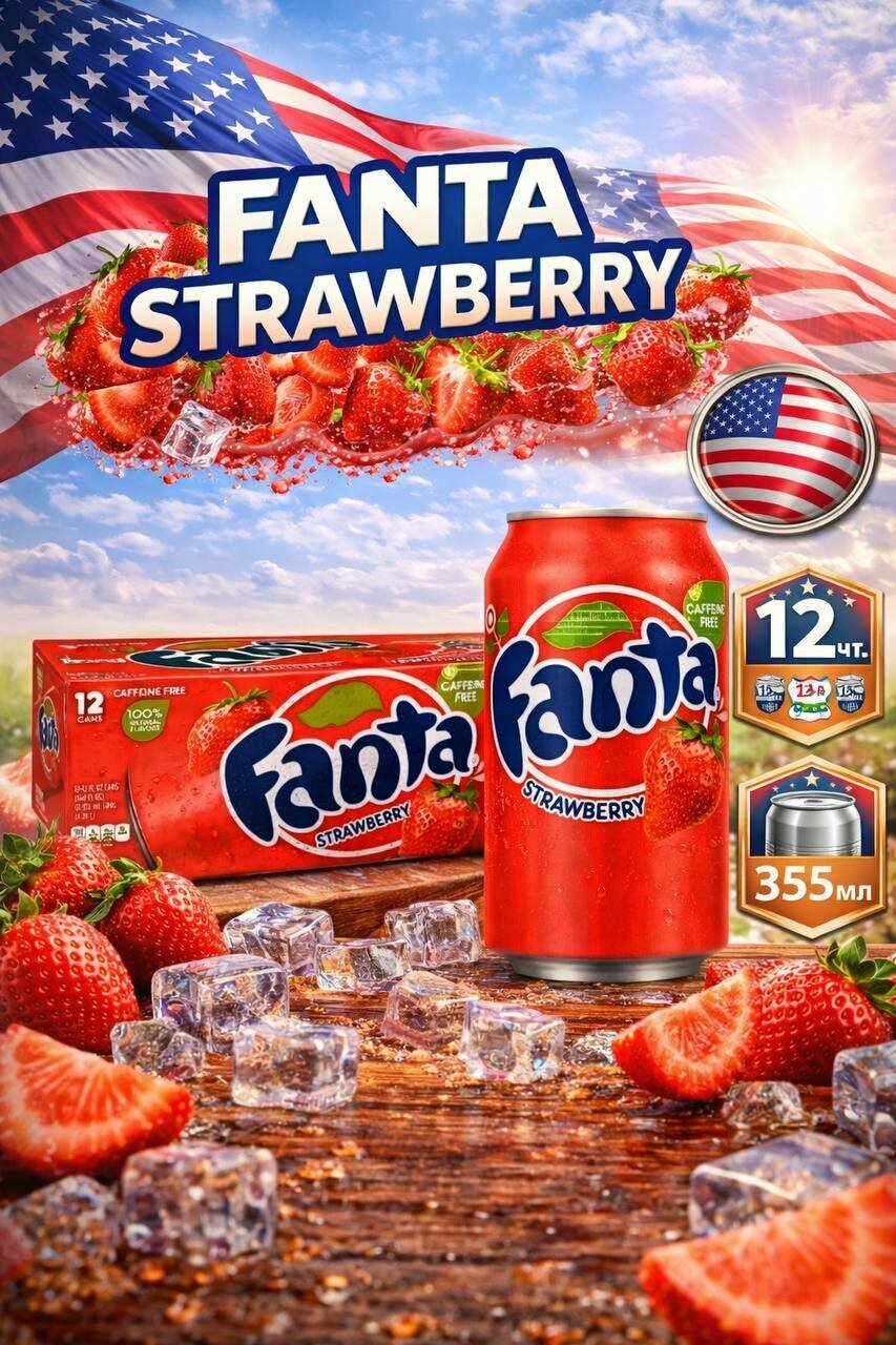 Напиток газированный Fanta Strawberry (Фанта Клубника), 12 банок по 0.355 л, США