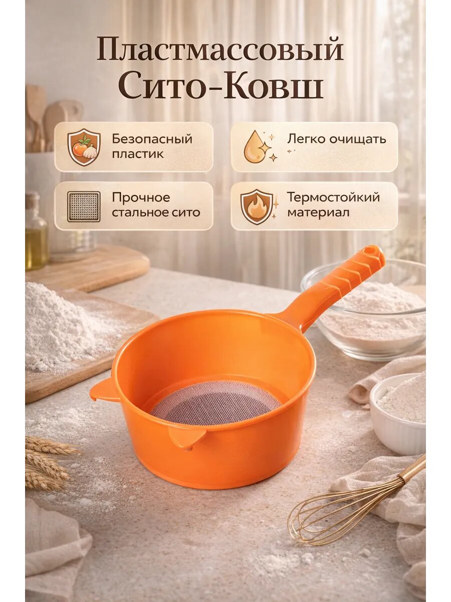 Сито для просеивания с ручкой «Ушки», диамер 15.5 см, оранжевое