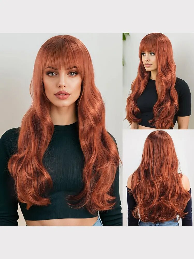 Парик Женский Рыжий длинные вьющиеся волосы с челкой термостойкий парик для женщин