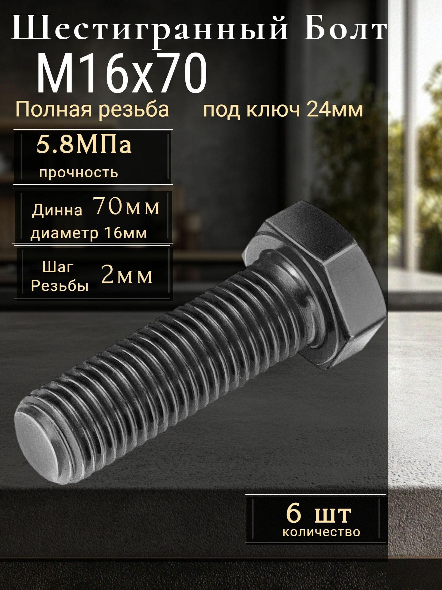 Болт с шестигранной головкой, оцинк, М16х70 (6 шт)