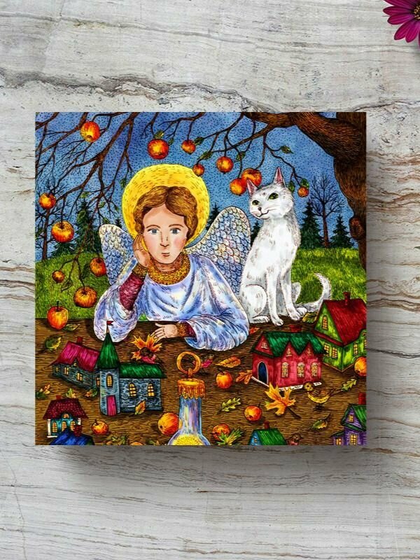 Открытка подарочная для поздравлений и посткроссинга квадратная с конвертом "Ангел в саду"