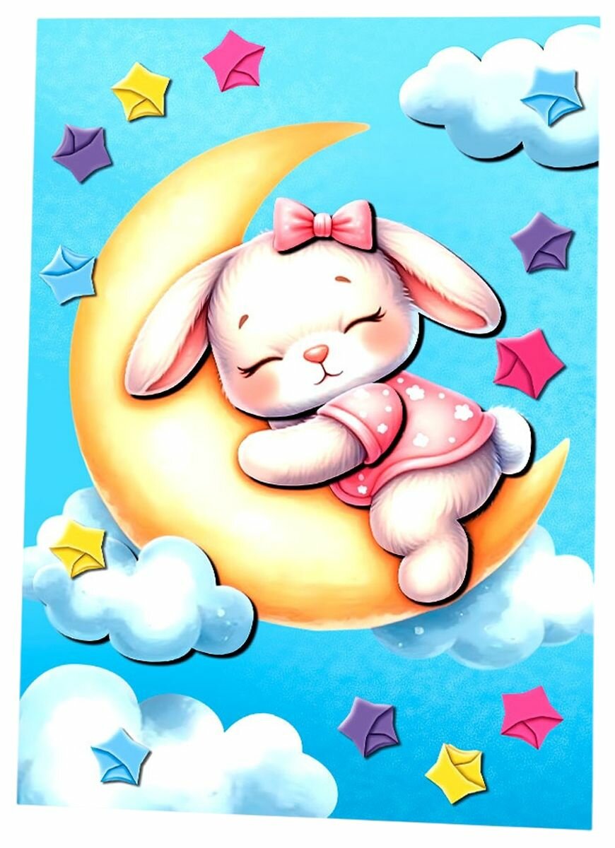 Объемная аппликация "Зайка на облаке" со звездочками оригами, набор для детского творчества и рукоделия, картина своими руками, формат А5, + раскраска