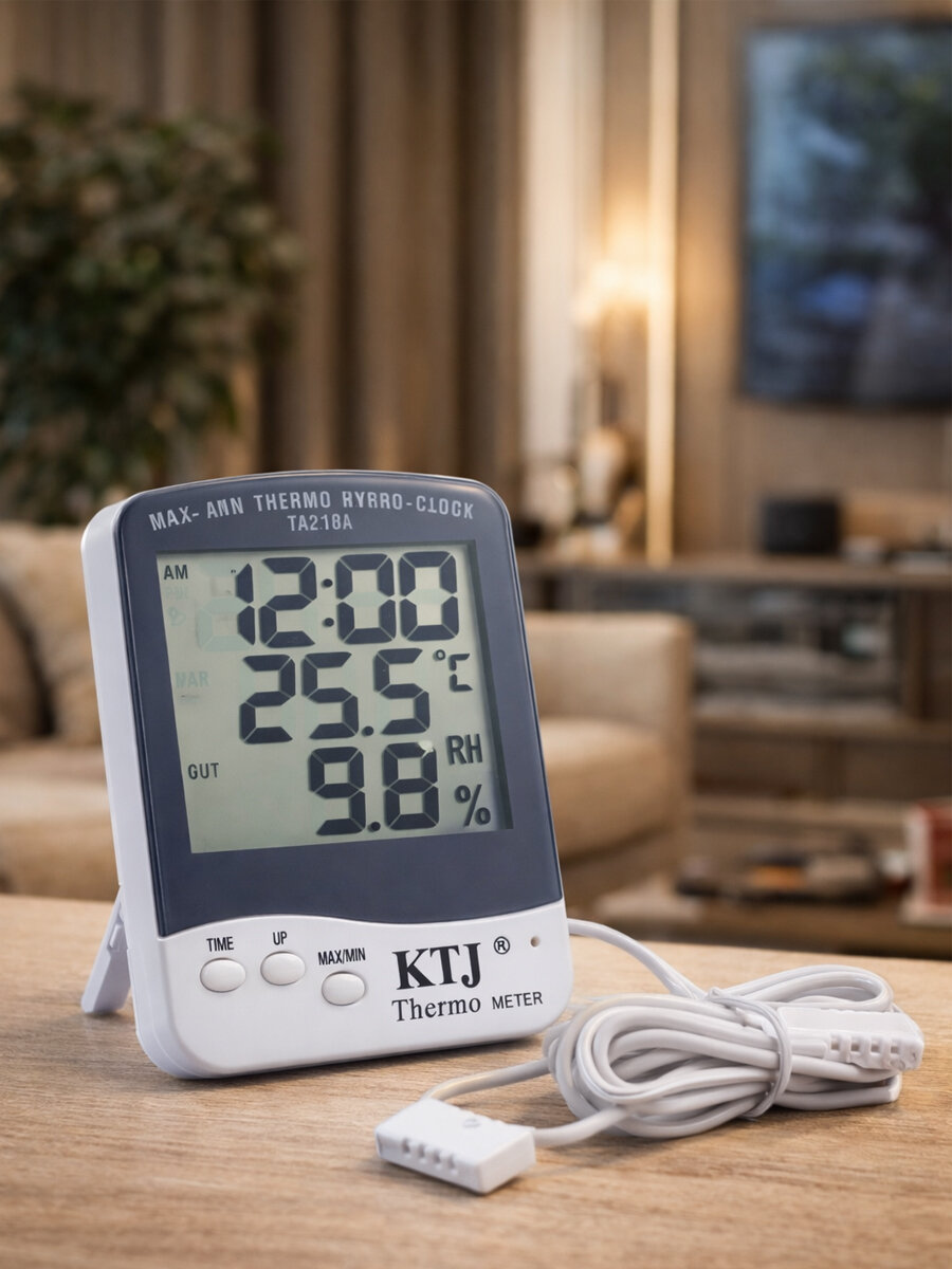 Термометр гигрометр цифровой KTJ TA218C c/d с выносным датчиком, электронная метеостанция домашняя с ЖК-дисплеем, измеритель влажности и температуры воздуха комнатный и уличный, часы