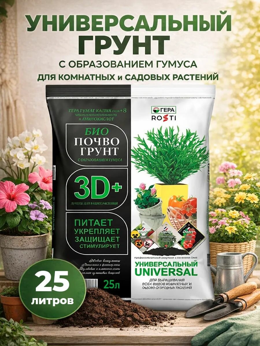 Грунт универсальный био Гера 3D+, 25л, для комнатных, садовых и огородных растений