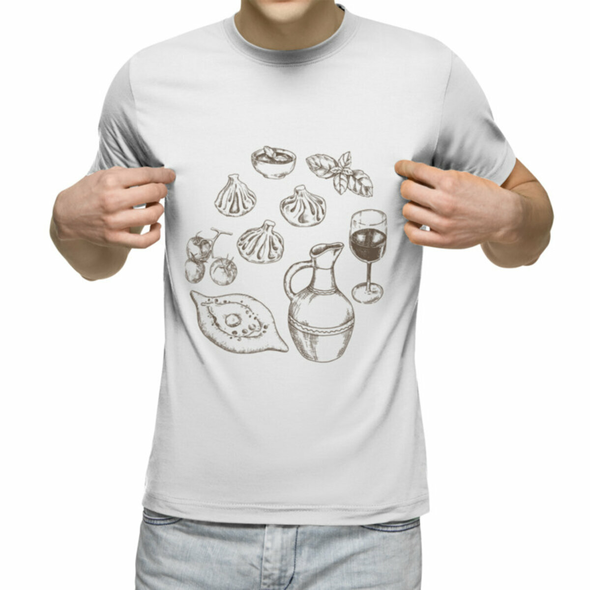 Мужская футболка «Грузинские деликатесы и вино в эскизе» (белый, S)