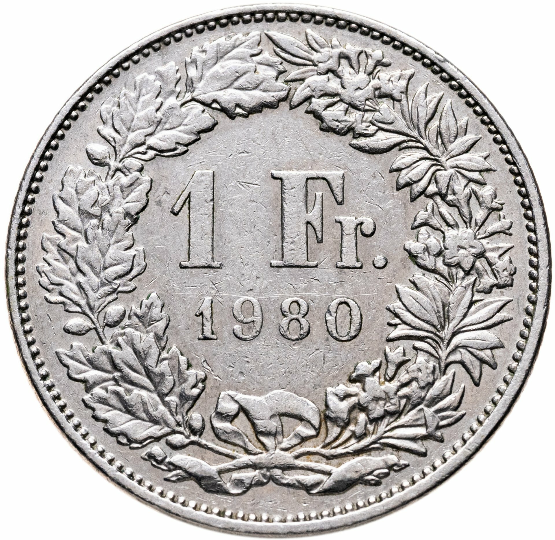 Швейцария 1 франк franc 1980, Мельхиор медь-никель, в сохранности XF