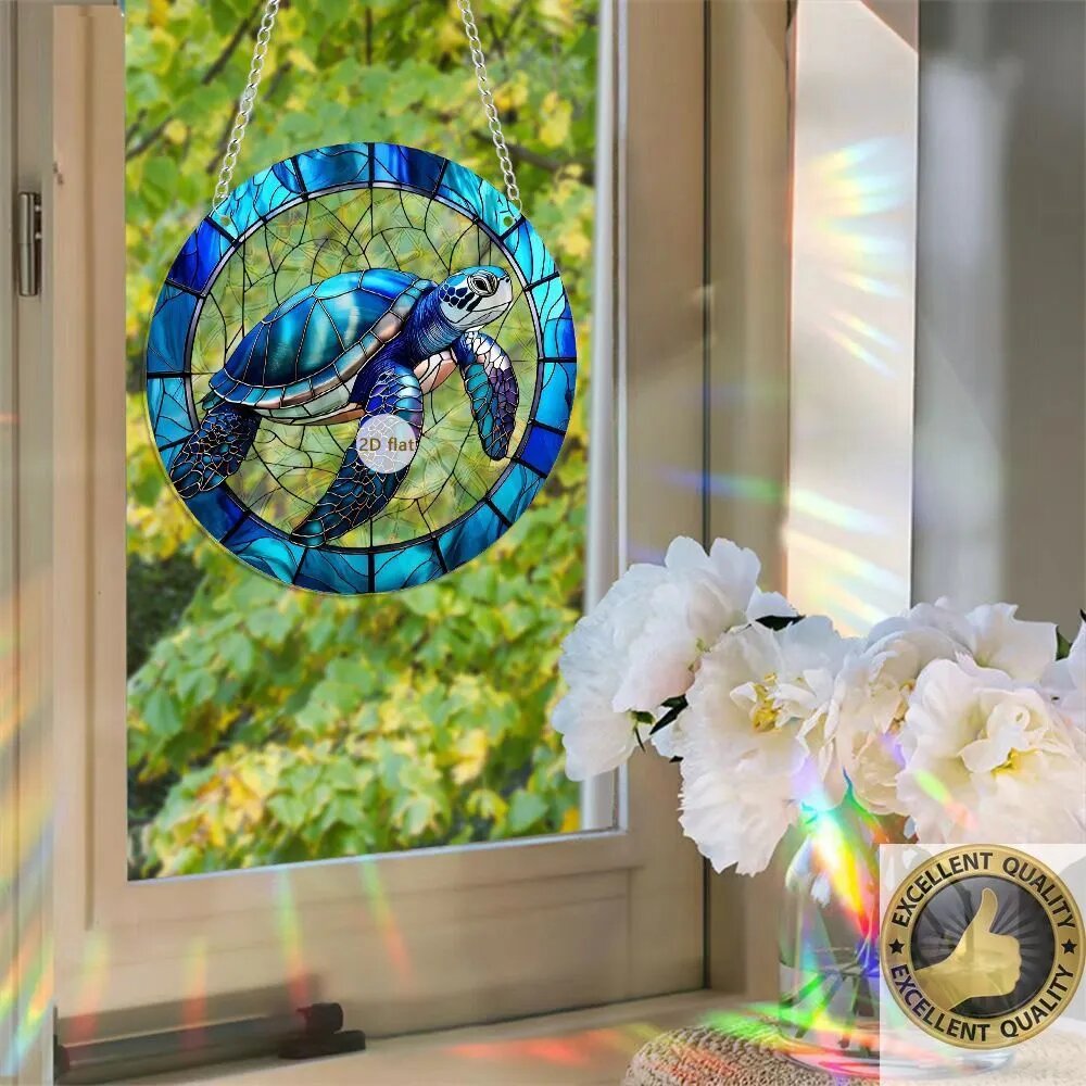 Синяя акриловая подвеска с изображением морской черепахи в витражной технике с радужным свечением