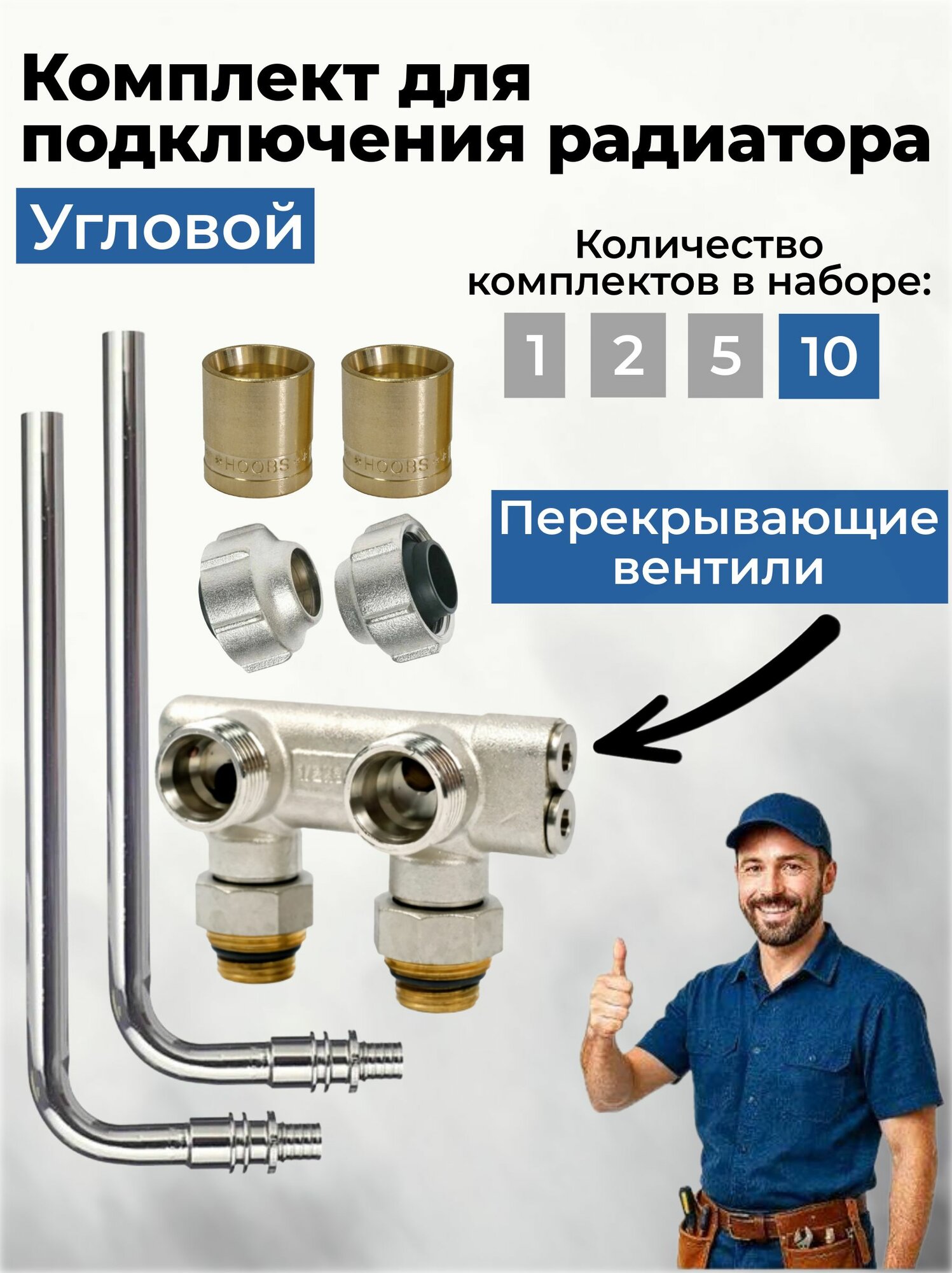 Трубка для подключения радиатора Г-образная 16/250 мм, Узел подключения радиатора, угловой, перекрестный 3/4" х 1/2" с запорными вентилями , евроконусами G3/4"- 15*1, гильзами 16 мм. 10 наборов