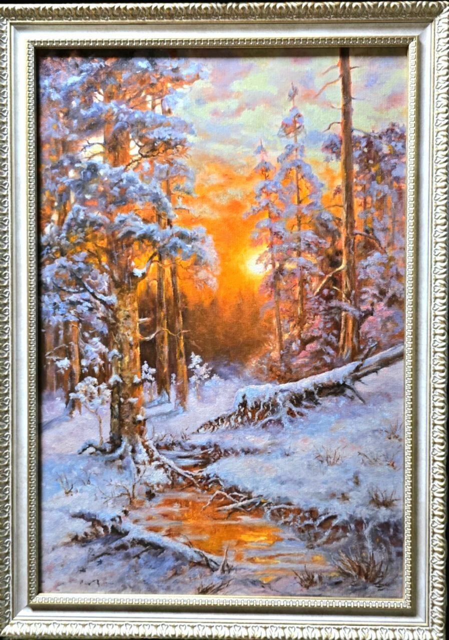 "Зимний закат в еловом лесу", Картина написана по мотивам картины Ю. Ю. Клевера, холст, масло 40х60