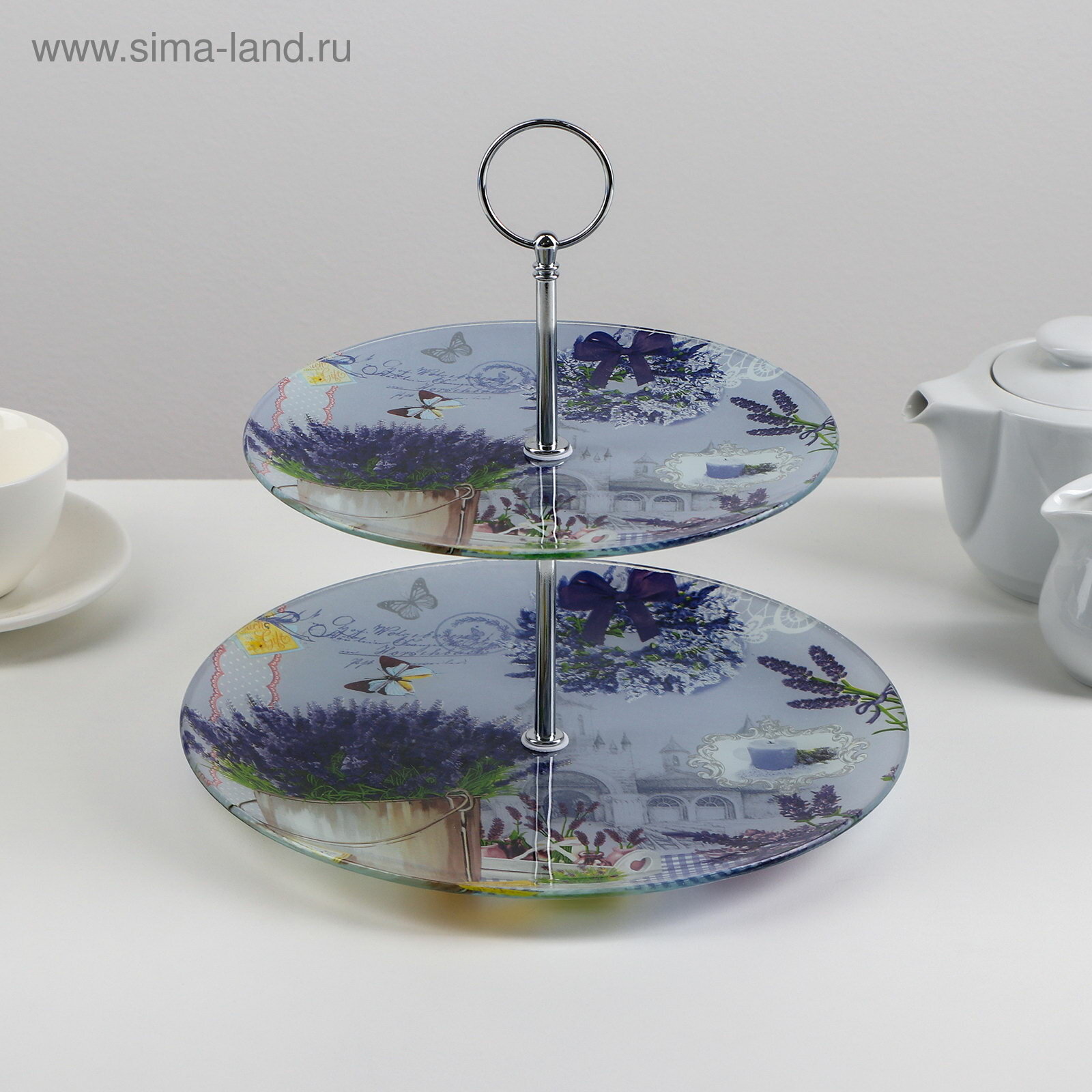 Этажерка - фруктовница круглая "Лаванда", 2 яруса, d=25/20 см, стекло, цвет сиреневый