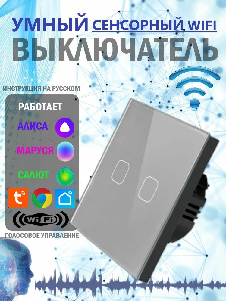 Умный сенсорный выключатель с Алисой духклавишный Wi-Fi Серый, панель стекло