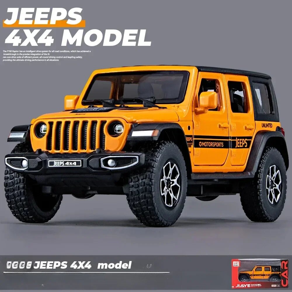 Детский металлический Jeep Wrangler Rubicon 1:32 оранжевый со звуком и светом