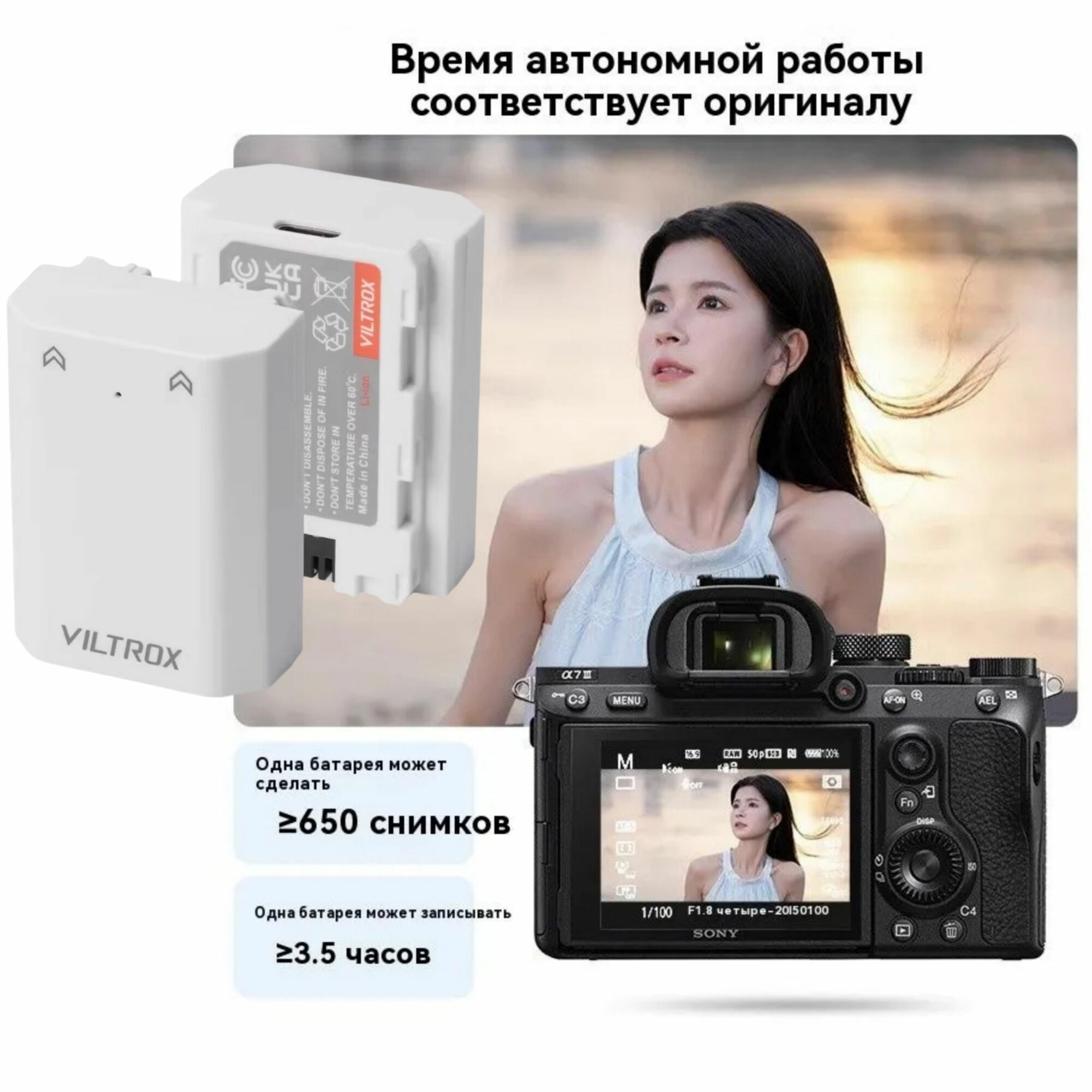 Аккумулятор c Type-C для Sony a7 IV, a1, a7 C, a7 III, a7 III, a7, a9, a6600 / Viltrox NP-FZ100 (2000mAh) + защитный кейс