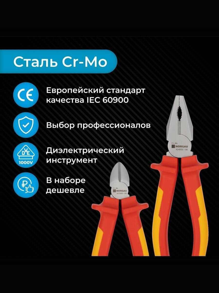 Набор инструмента NORGAU Industrial диэлектрические пассатижи и бокорезы (кусачки) из Cr-Mo стали, 2 предмета