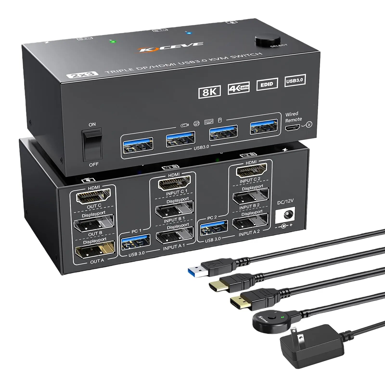 HDMI DisplayPort KVM-переключатель 3 монитора 2/3/4 ПК US Power Adapter, 203DDH