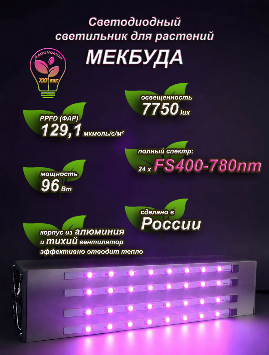 96Вт "Мекбуда" Фитопанель для растений полного спектра длиной 40 см