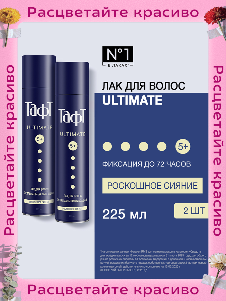 Тафт Лак для укладки волос Ultimate Роскошное сияние, мегафиксация 5+, 225 мл, 2 шт (набор)