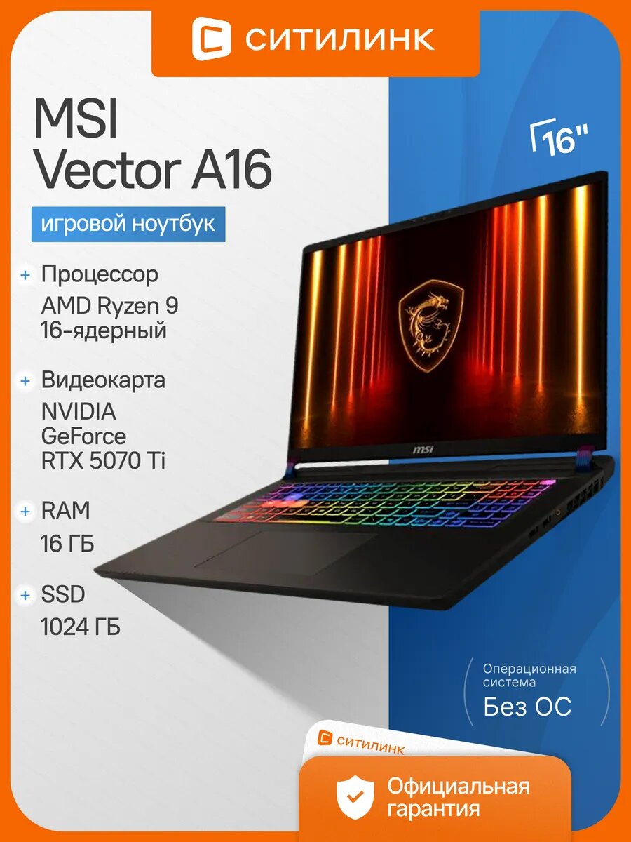 Ноутбук MSI 16" Vector A16 HX A8WHG-033XRU Ryzen 9 8940HX/16Gb/SSD1Tb/12Gb/noOS/серый космос