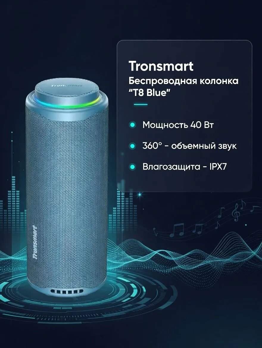 Портативная колонка Tronsmart T8 40W 2.1 звуковая схема, IPX7 (синий) 12 мес. гарантия