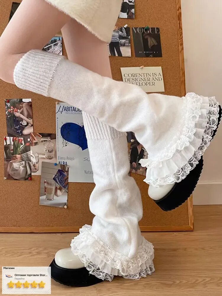 Гетры женские высокие теплые белые с кружевом, милые, Y2K, Lolita, длинные вязаные гетры