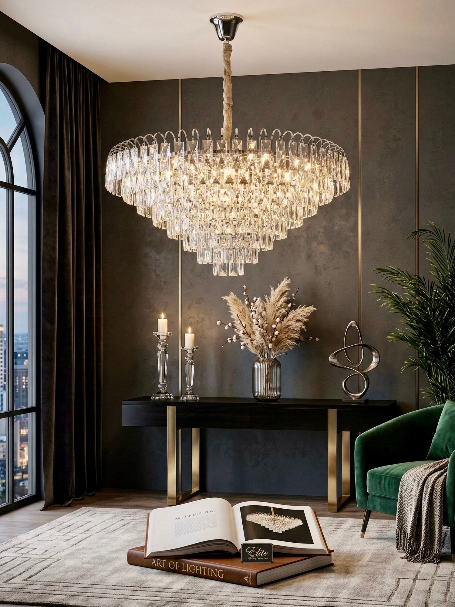 Подвесная дизайнерская хрустальная люстра, серебро, в зал, гостиную, спальню