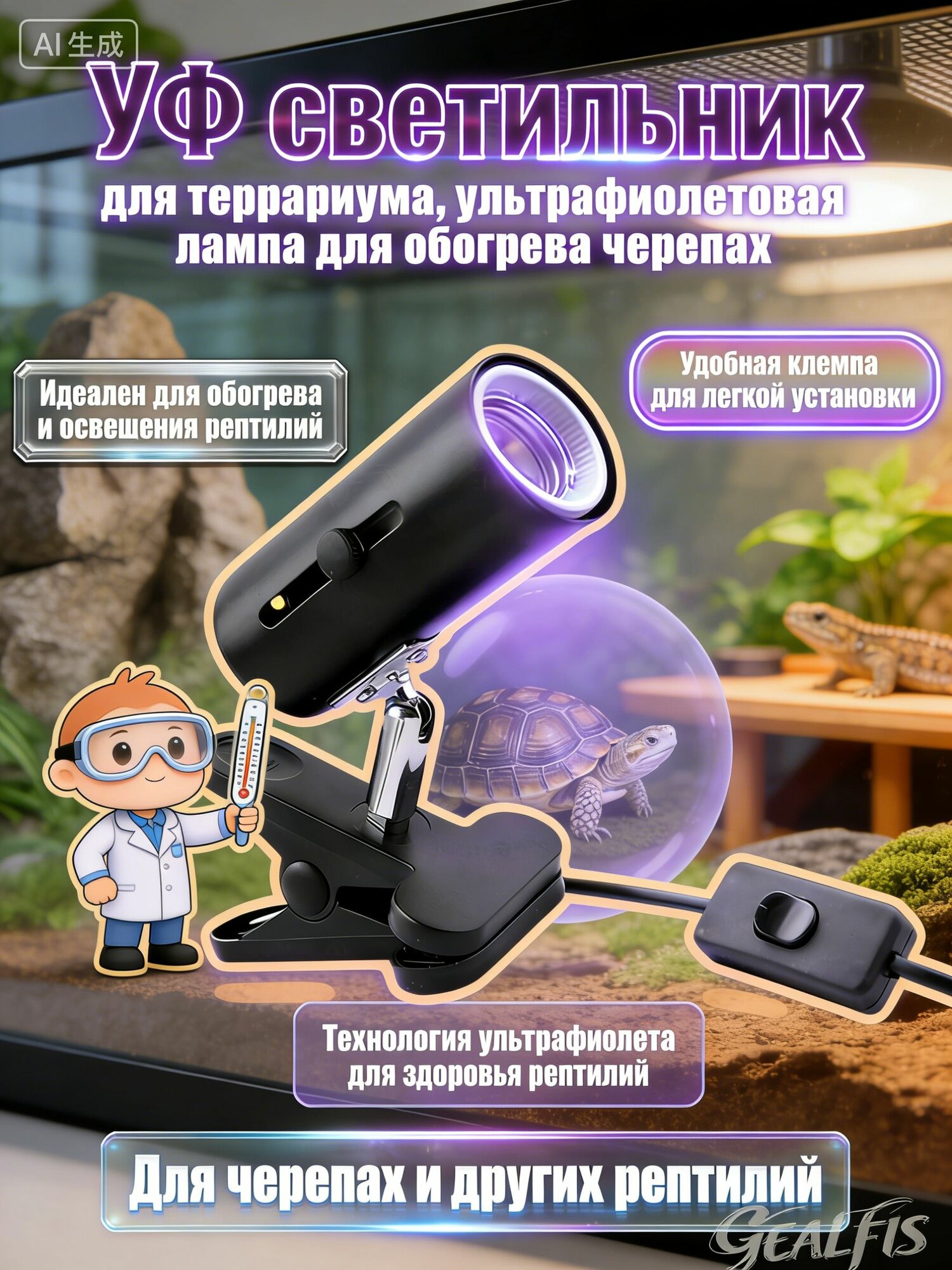 УФ светильник для террариума, ультрафиолетовая лампа на прищепке для обогрева черепах и других рептилий