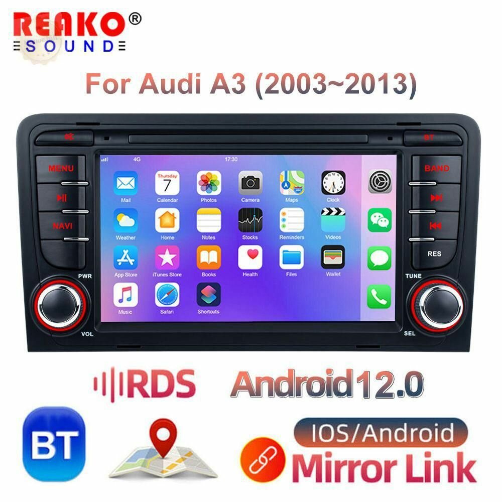 Автомагнитола для Audi A3 2003-2013 2+32G, 7 дюймовый Android 12 WiFi, Bluetooth/ Mirror Link экран, модем, камера заднего вида, GPS, FM, BT