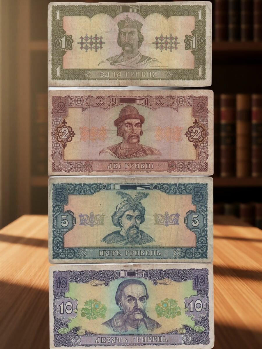 Банкноты -Купюры очень редкий набор 1 - 2 - 5 - 10 гривн 1992 года из оборота
