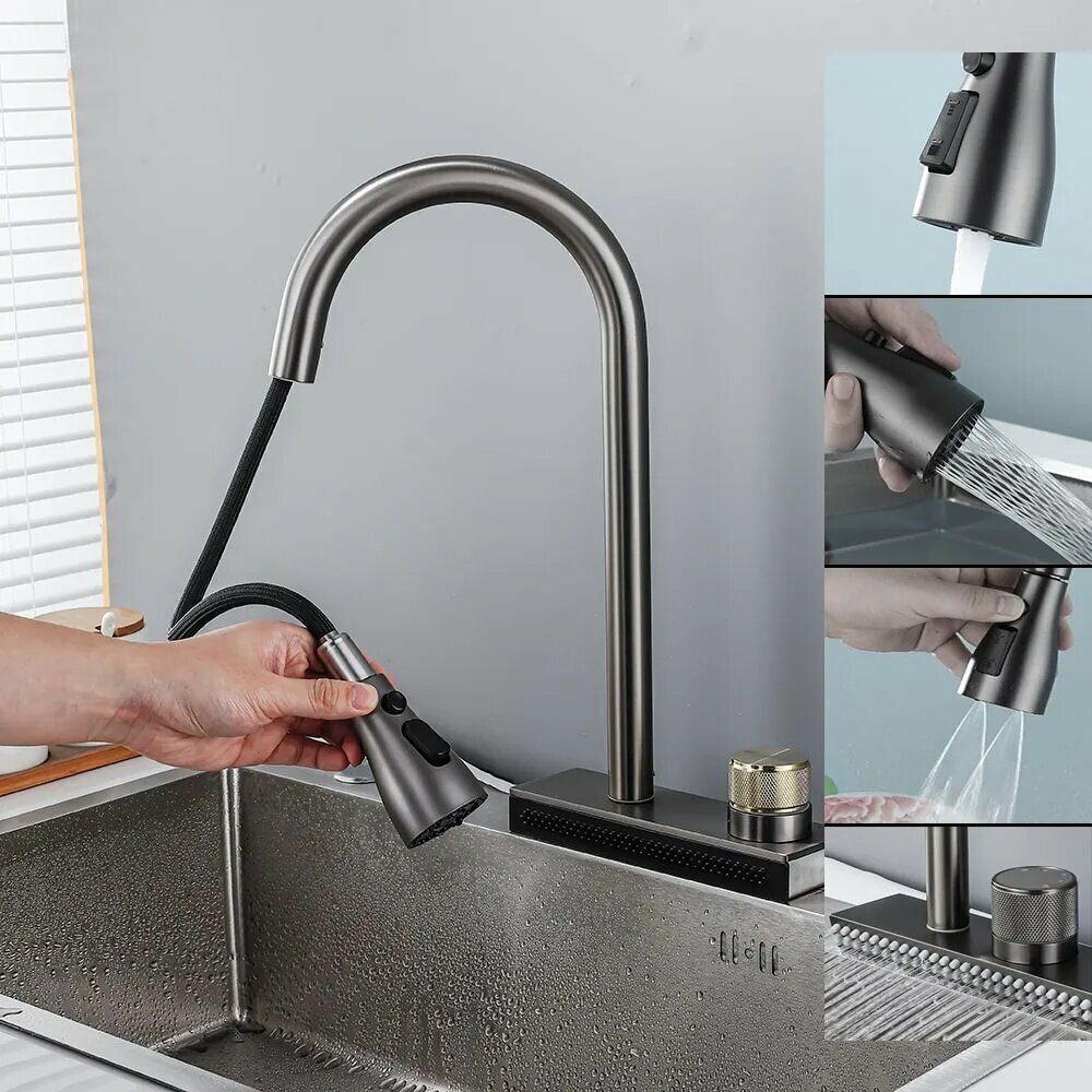 Кухонный кран с водопадом "Летящий дождь" / смеситель горячей и холодной воды / поворот на 360 градусов с 50 выходами / Выдвижная насадка 60 см/4 модели Двойное отверстие, Серый