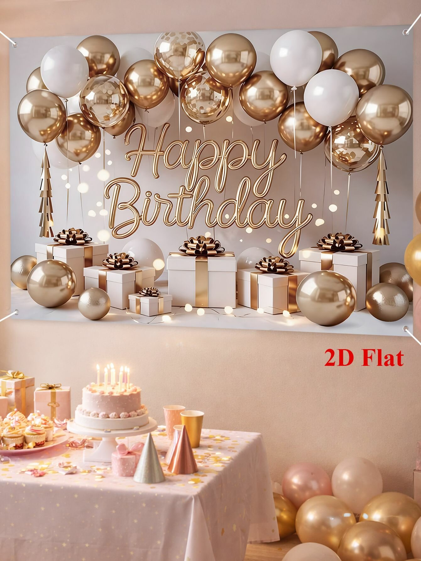 Фотозадник на день рождения "Happy Birthday" Золотой и белый Размер 150 100см Полиэстер Декор для праздника и фотосессий