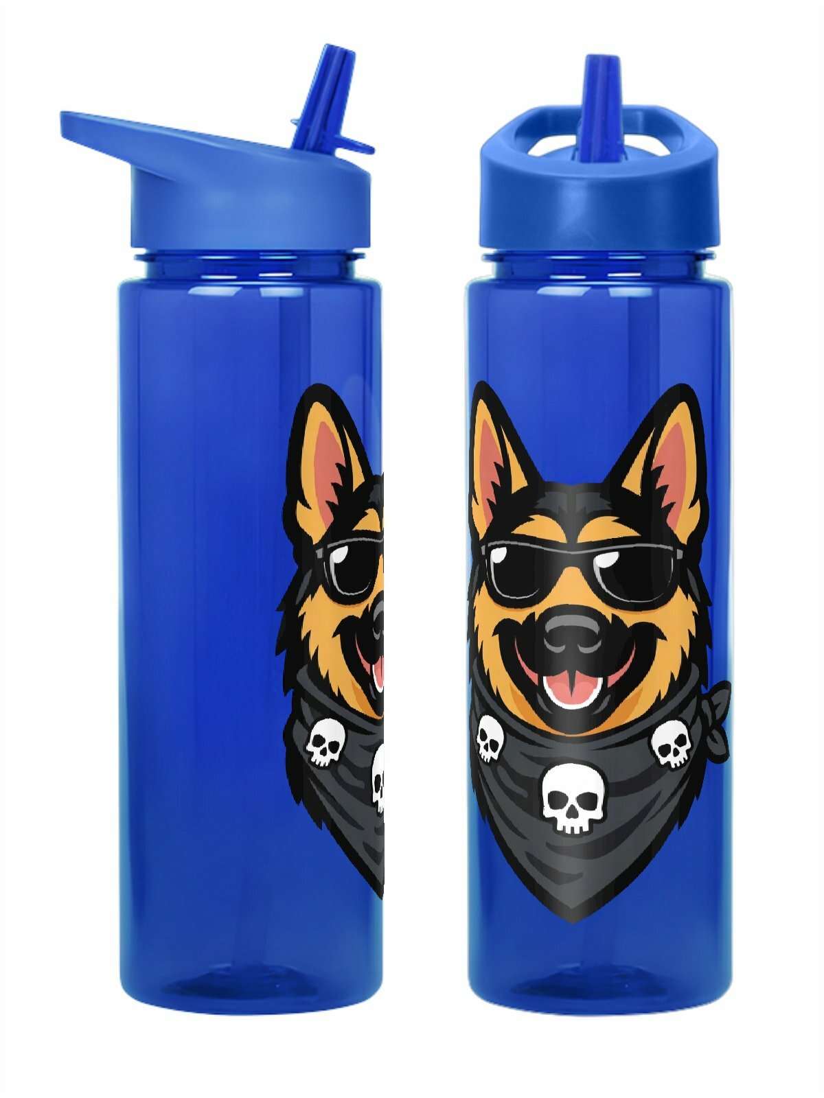 Бутылка синяя для воды с принтом Крутая овчарка в очках с бандане с черепами