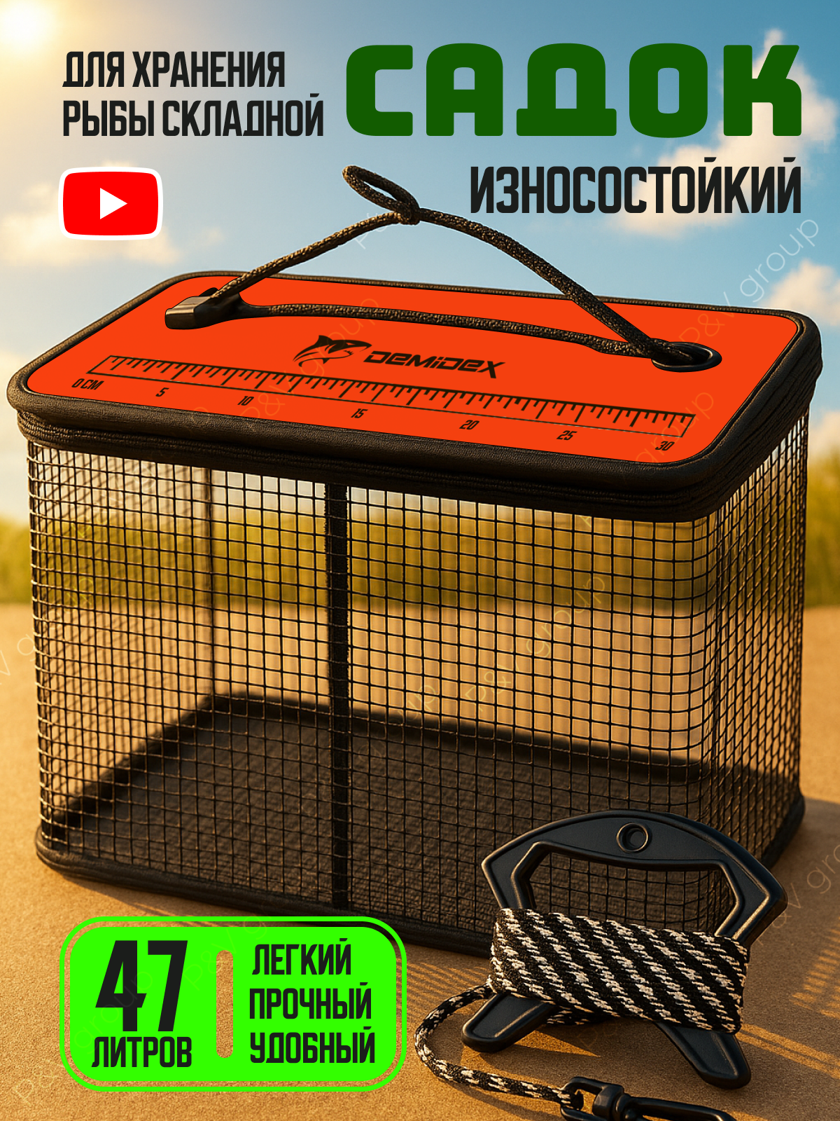 Садок рыболовный нейлоновый для рыбы 39 см, садок для рыбалки 47 л оранжевый