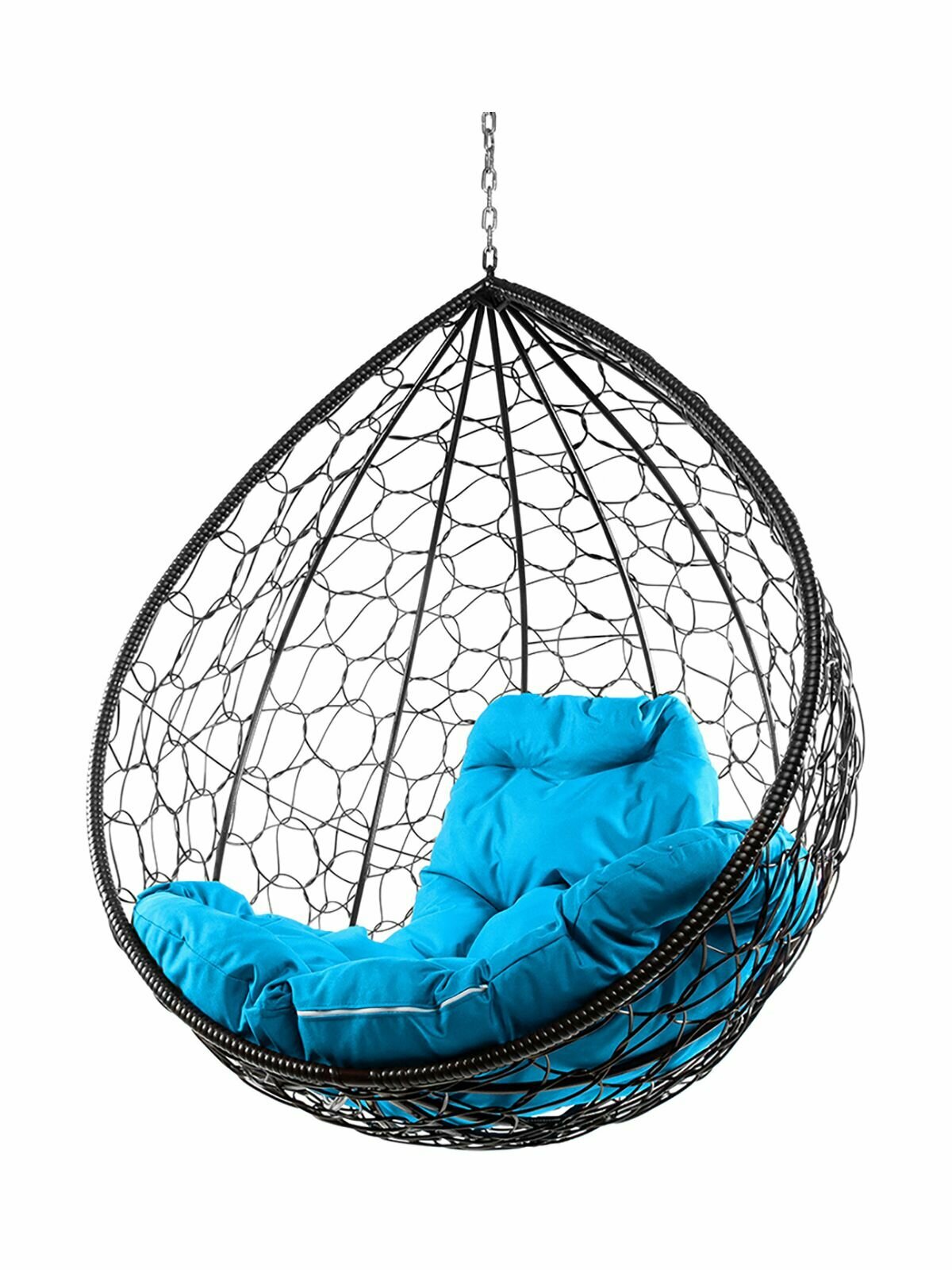 Подвесное кресло капля (без стойки), с ротангом черное, голубая подушка