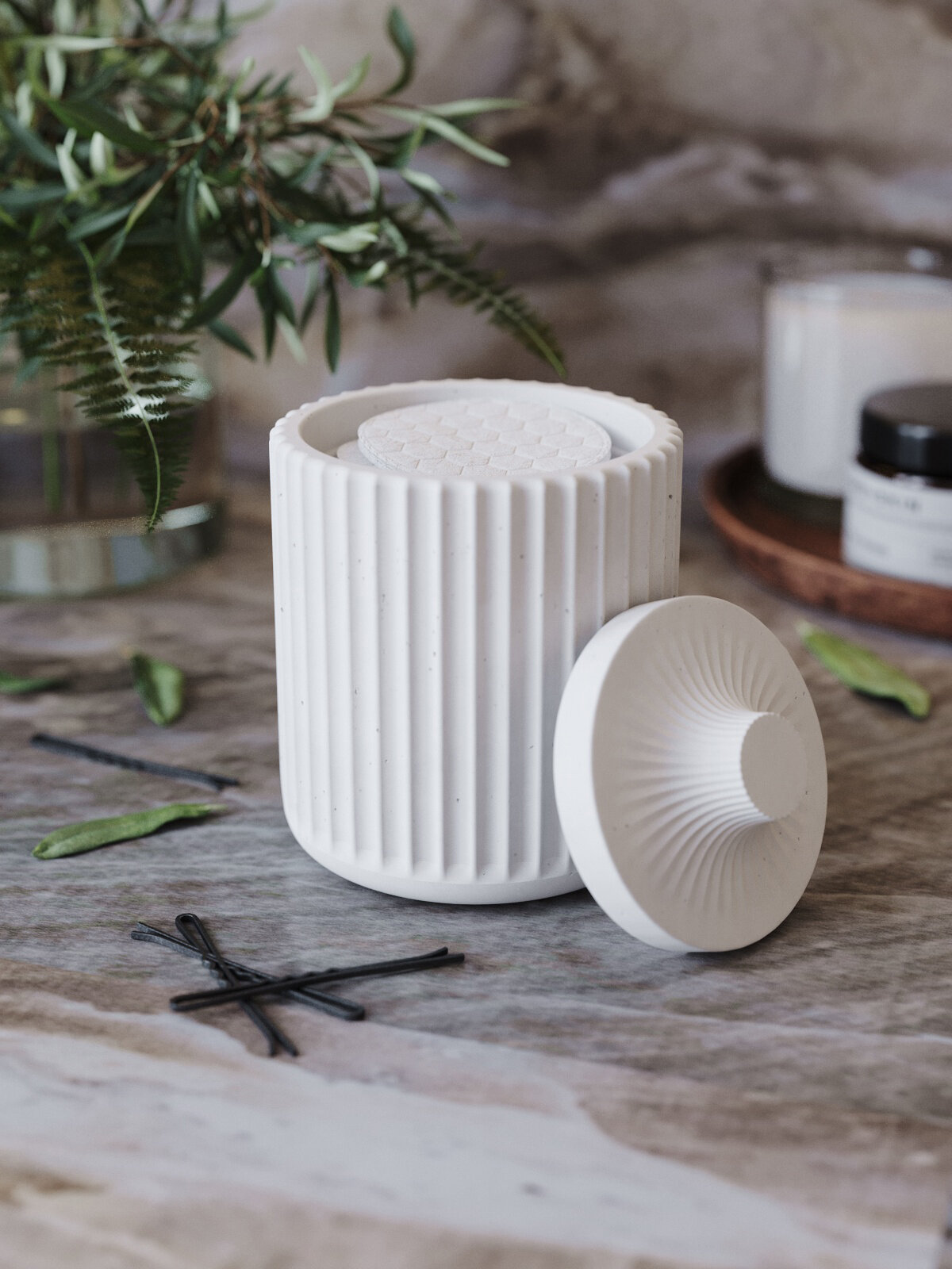 Подставка для ватных палочек и дисков Chloe S в ванную, 9х9x10 см, с крышкой, бетон, белый матовый